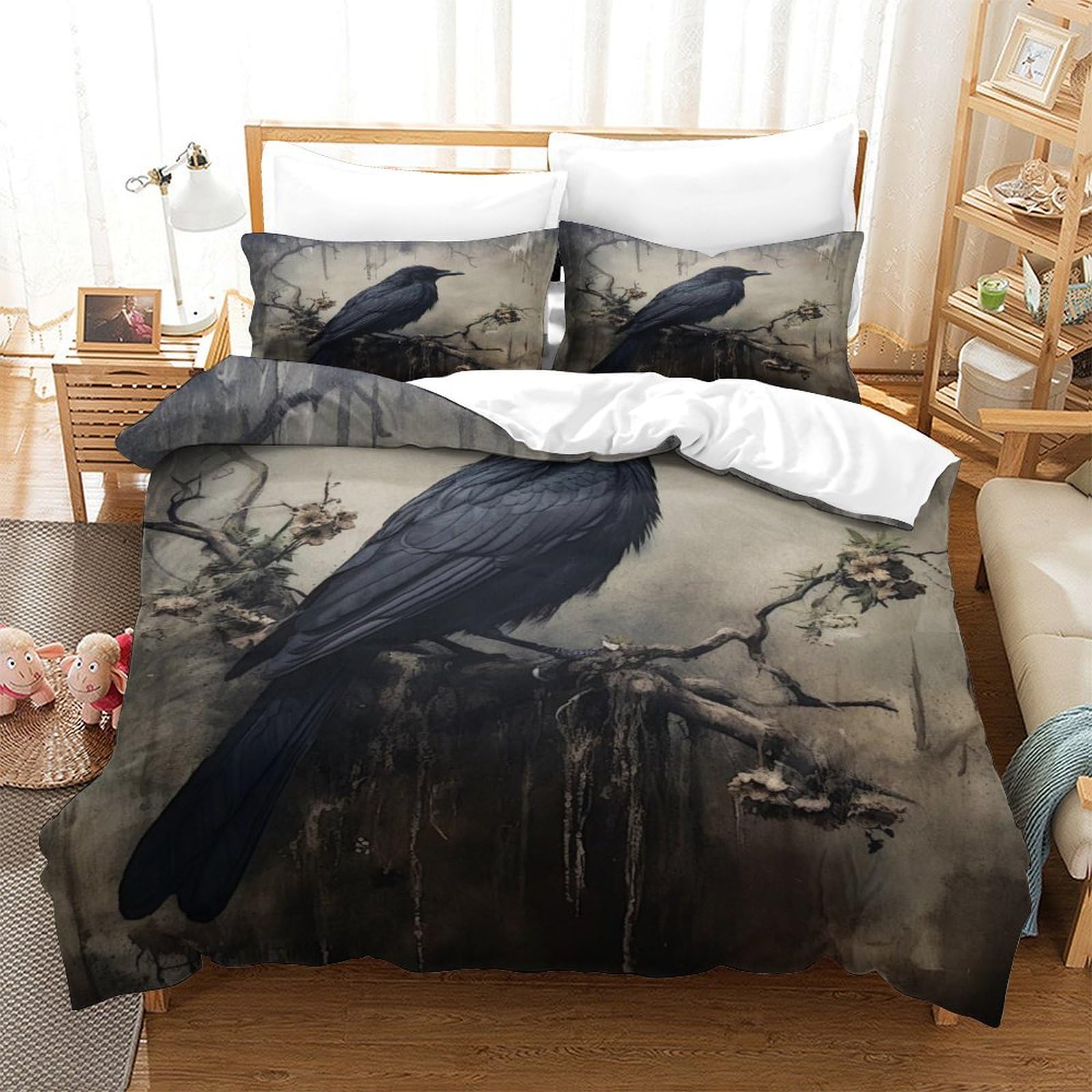 BUKISA 3D Printed Raven Comforter Cover Set for Kids Child Girls Boys Bedroom Textile Suit Skin-Friendly Crows Bedding Set Breathable Twin(173x218cm) Duvet Quilt with Pillowcases