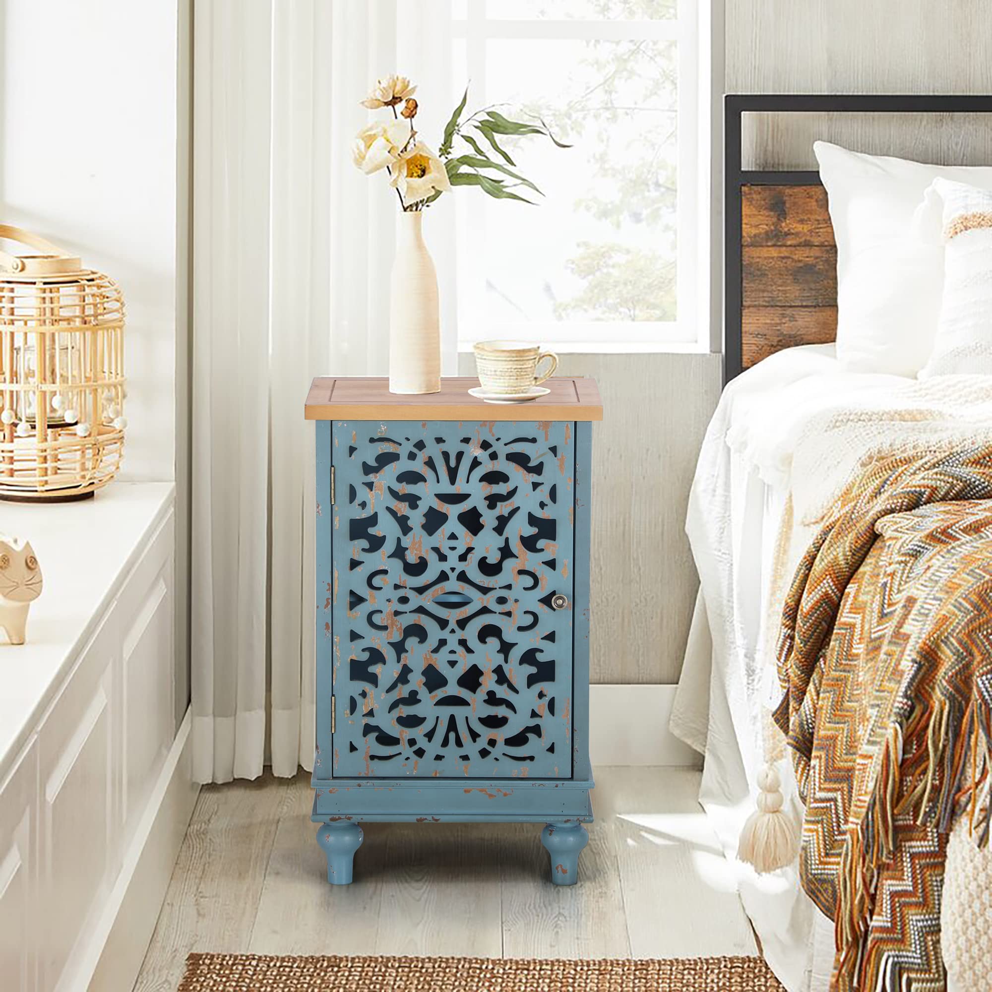 PHI VILLA Small Accent Storage Cabinet with Single Door - Decorative Nightstand for Living Room Bedroom, End Side Table Cabinet Blue