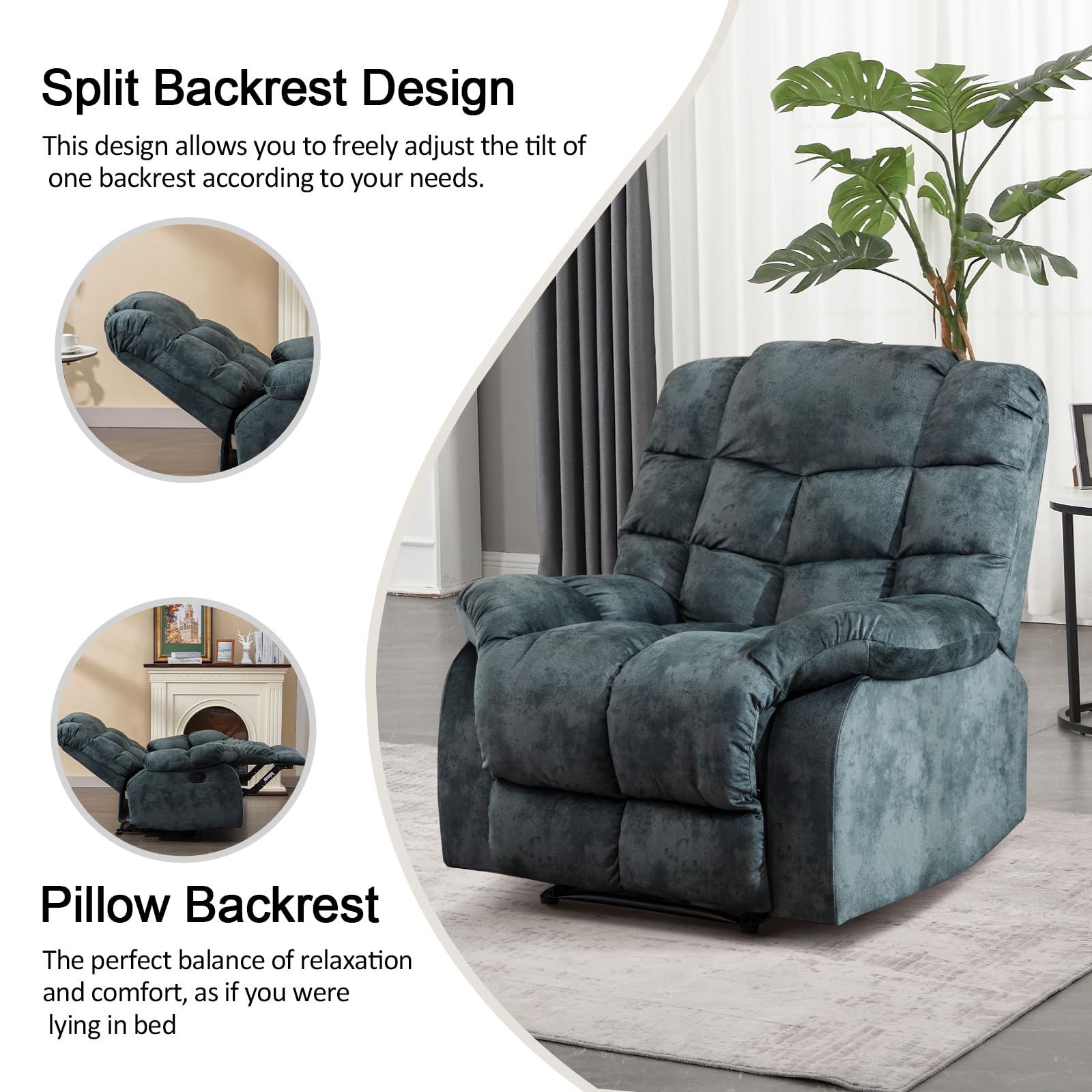 CANMOV Manual Reclining Sofa, 3 Seat Recliner Sofa with Armrest and Overstuffed Backrest, Couch Set for Living Room, Bedroom, Office, Grey