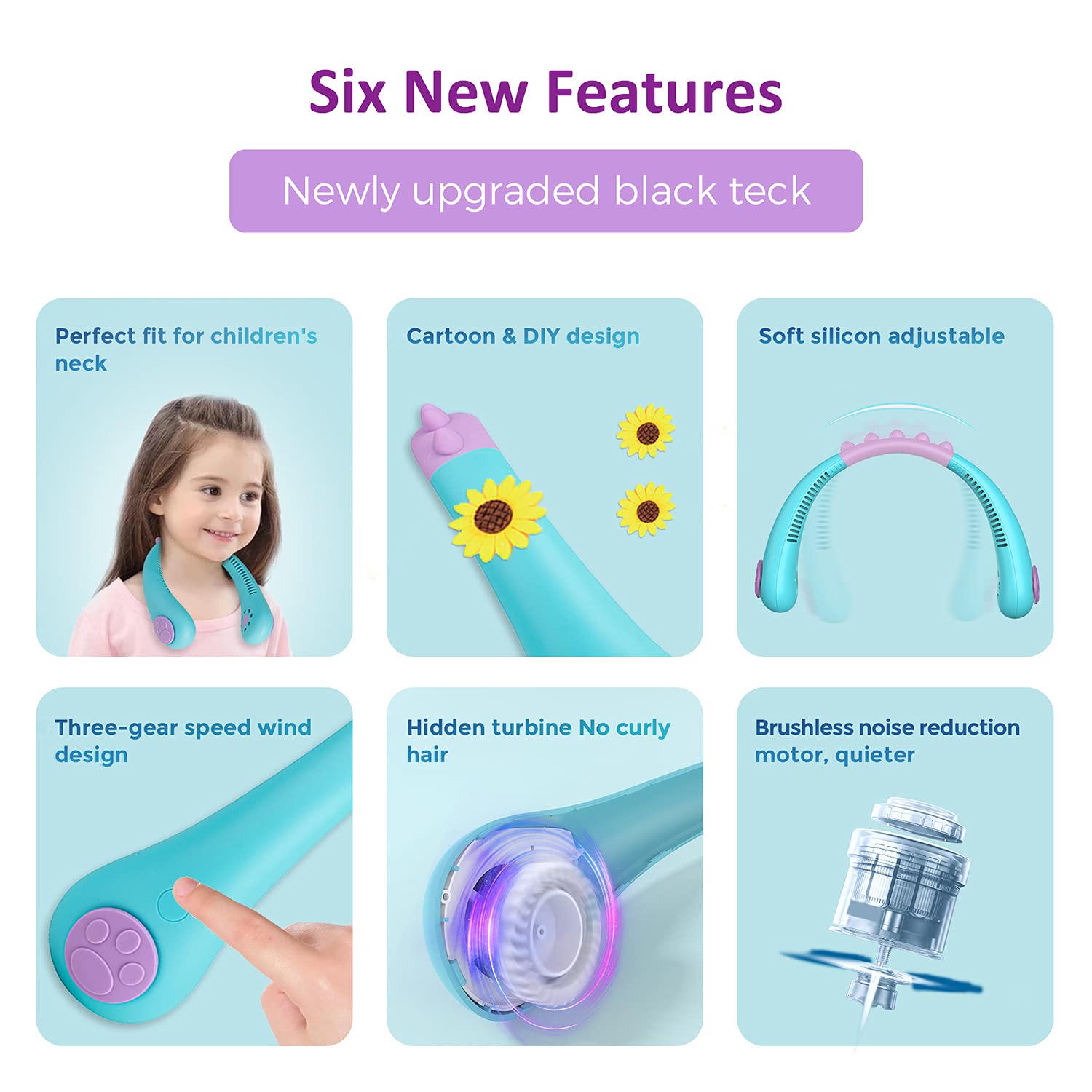 ICEBIRDS Portable Neck Fan for Kids 2021 New Bladeless Fan, USB Rechargeable Battery Operated Hanging Personal Mini Fan,Cartoon Headphone Design, Wearable Creative Leafless Fan,3 Speeds-Dinosaur Cyan