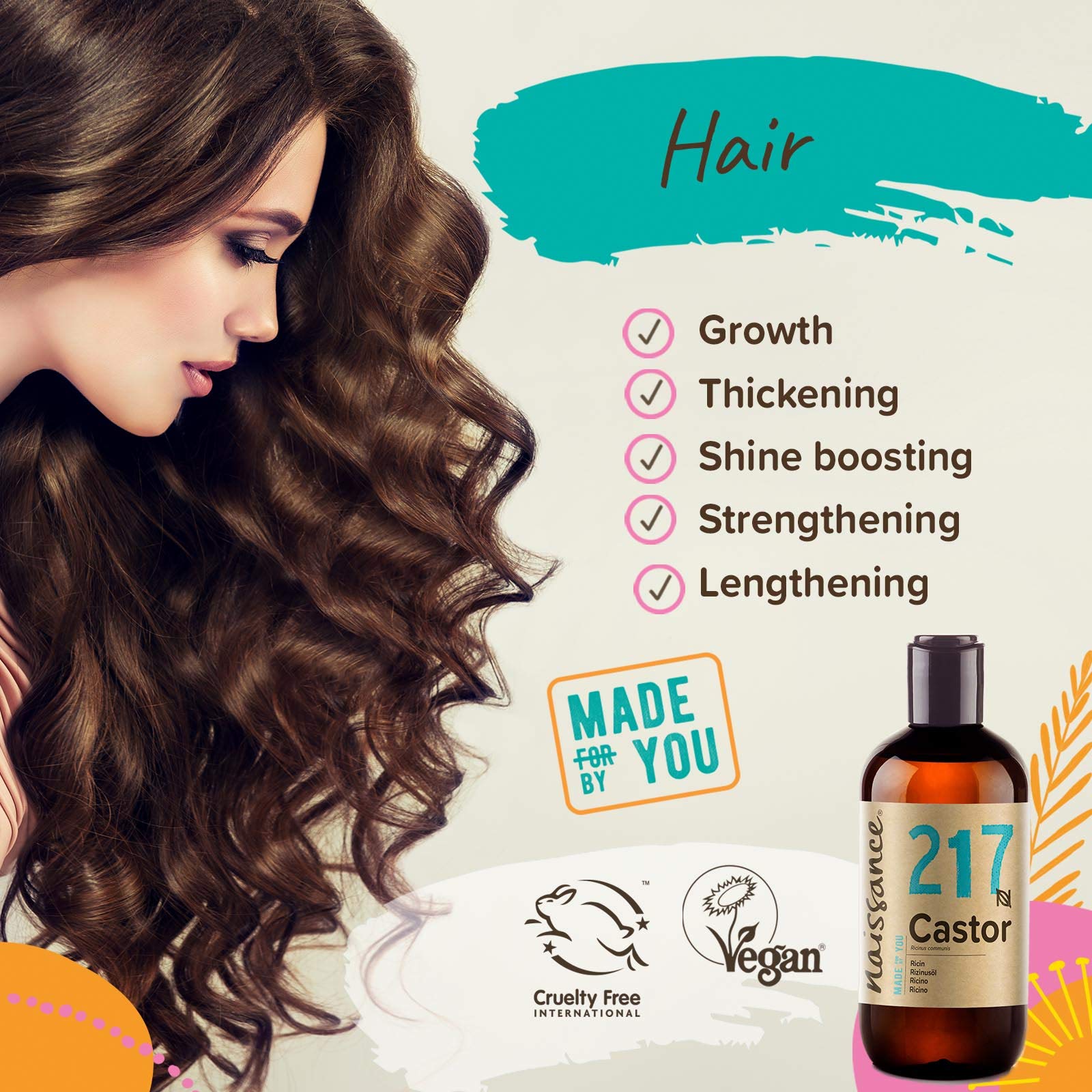 naissance Cold Pressed Castor Oil 8 fl oz - For Hair, Beard, Eyelashes, Eyebrows, Nails and Skin - Pure & Natural, Virgin, Unrefined, Vegan, Hexane-Free, Non GMO, Cruelty Free