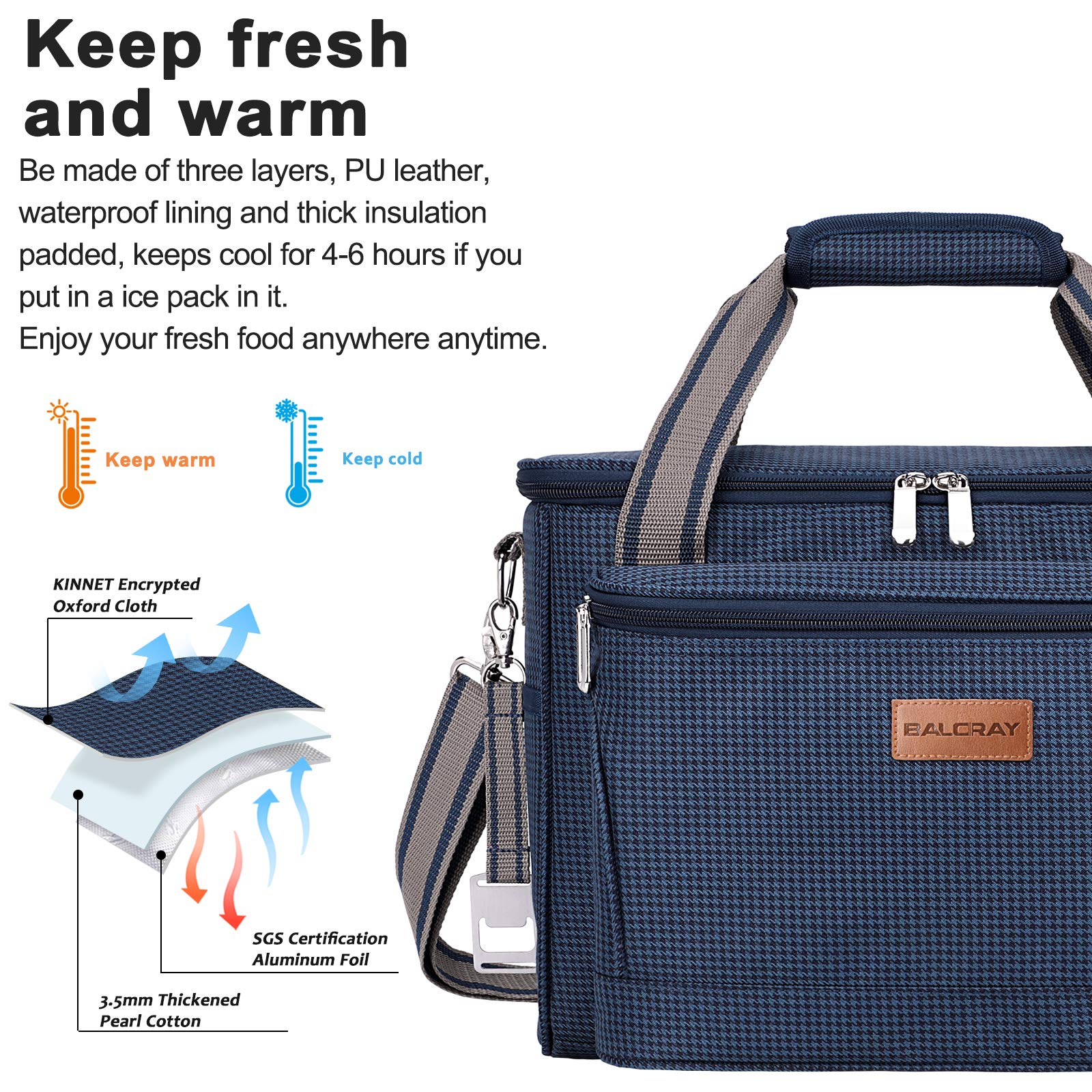 BALORAY Lunch Bag Large Picnic Bag Leakproof Insulated Lunch Bags for Adults Perfect for Long Hour Working (Blue)