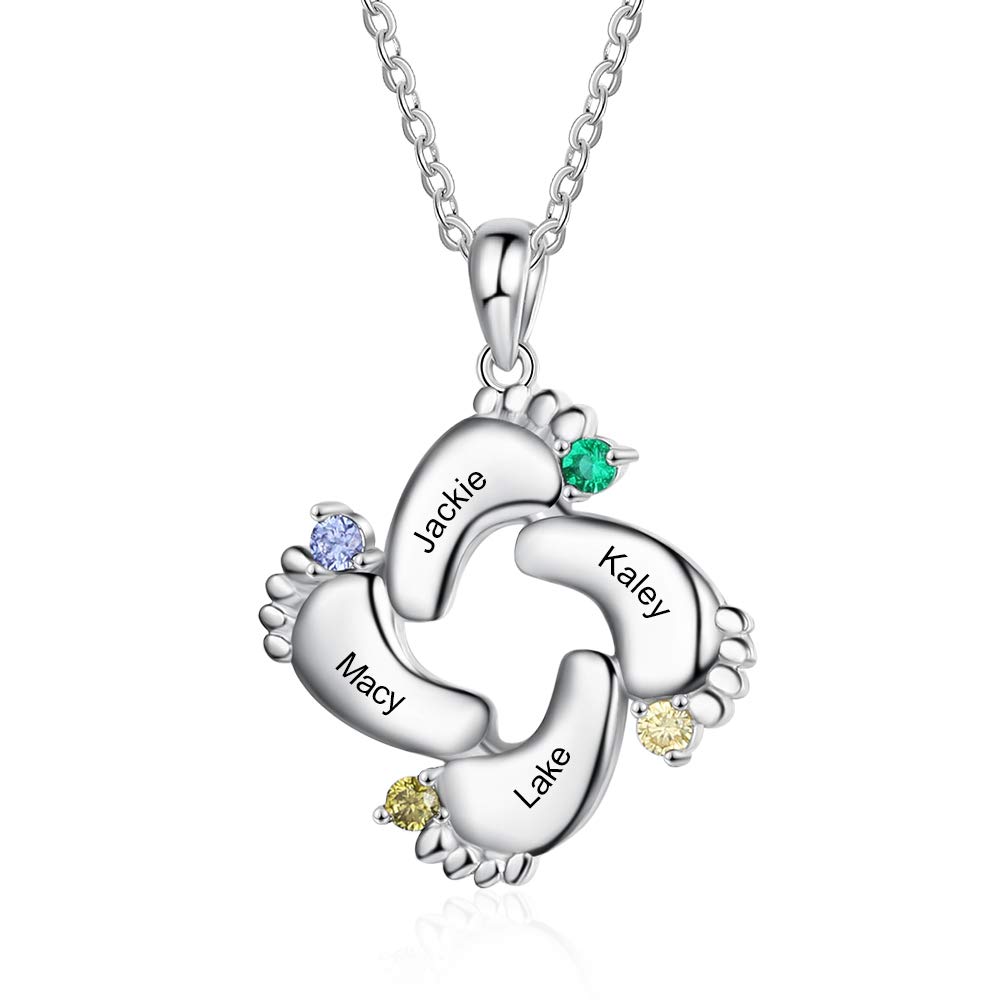 Ashleymade Customized Name Necklace with Baby Feet Pendant Mom necklace with kids names with Simulated Birthstones Necklace for Women (4 names)