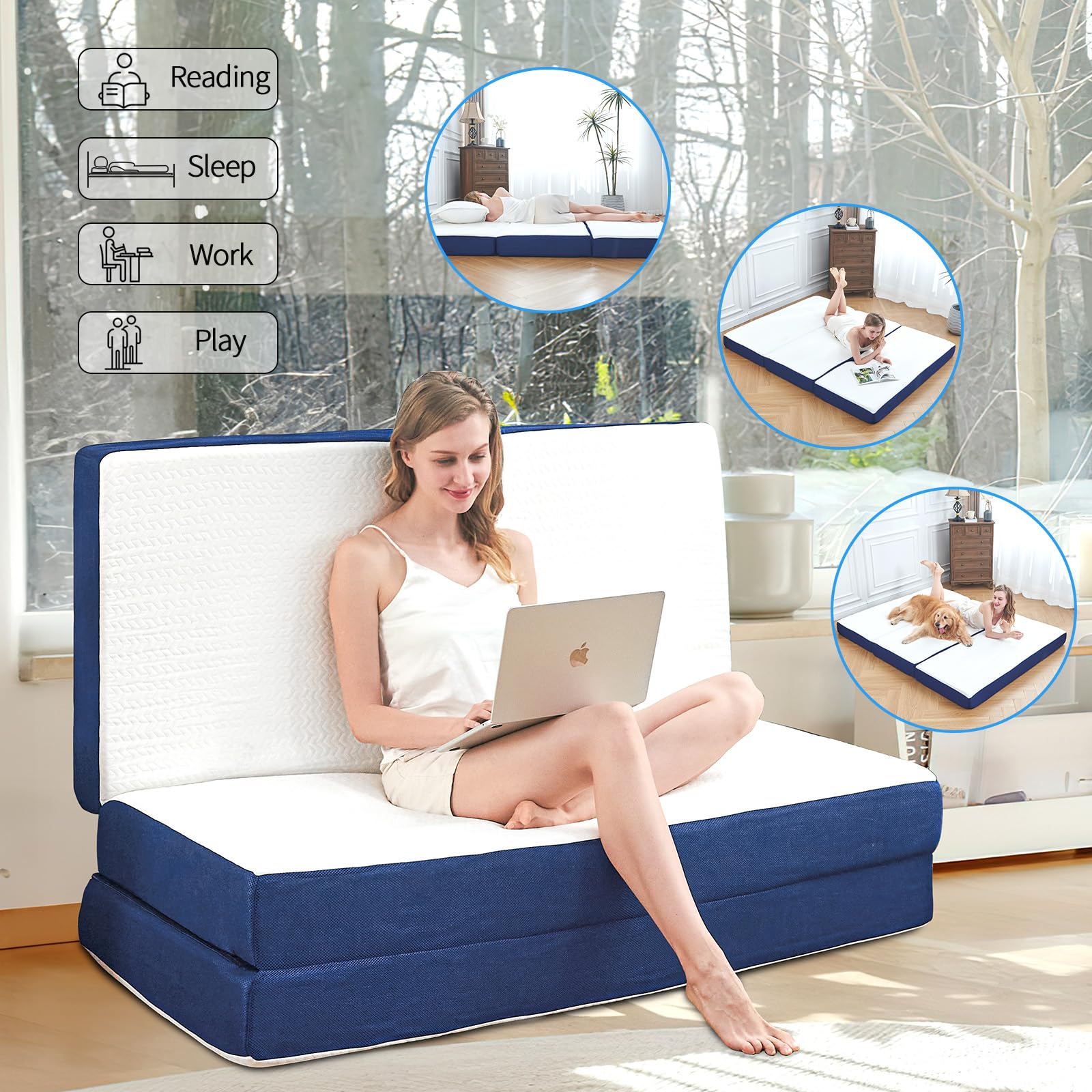 CYMULA Folding Mattress Full Size,4 inch Memory Foam Tri Fold Mattress,Portable Folding Mattress with Washable Cover, Foldable Mattress Topper Full Camping,Guest (52"×73"×4")
