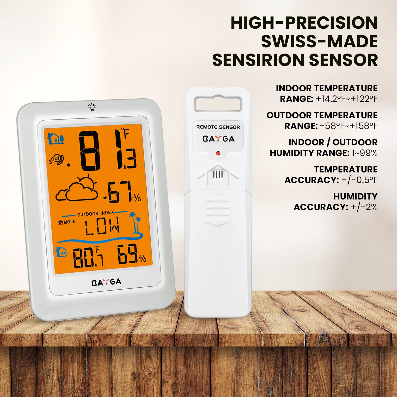 BAYGA Indoor Outdoor Thermometer Wireless Digital Hygrometer, High Precision Temperature Humidity Gauge Monitor with 330ft Range Remote Sensor, Backlight Room Thermometer with Outdoor Index