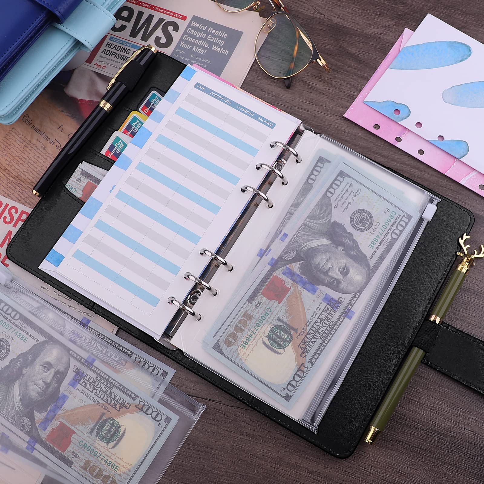 Antner A6 PU Leather Notebook Binder Refillable 6 Ring Budget Binder for A6 Filler Paper, Loose Leaf Personal Planner Binder Cover with Magnetic Buckle Closure, Black