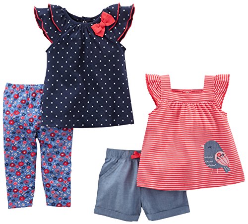 Simple Joys by Carter's Baby Girls' 4-Piece Playwear Set, Navy/Red, Dots/Stripe/Bird, 18 Months