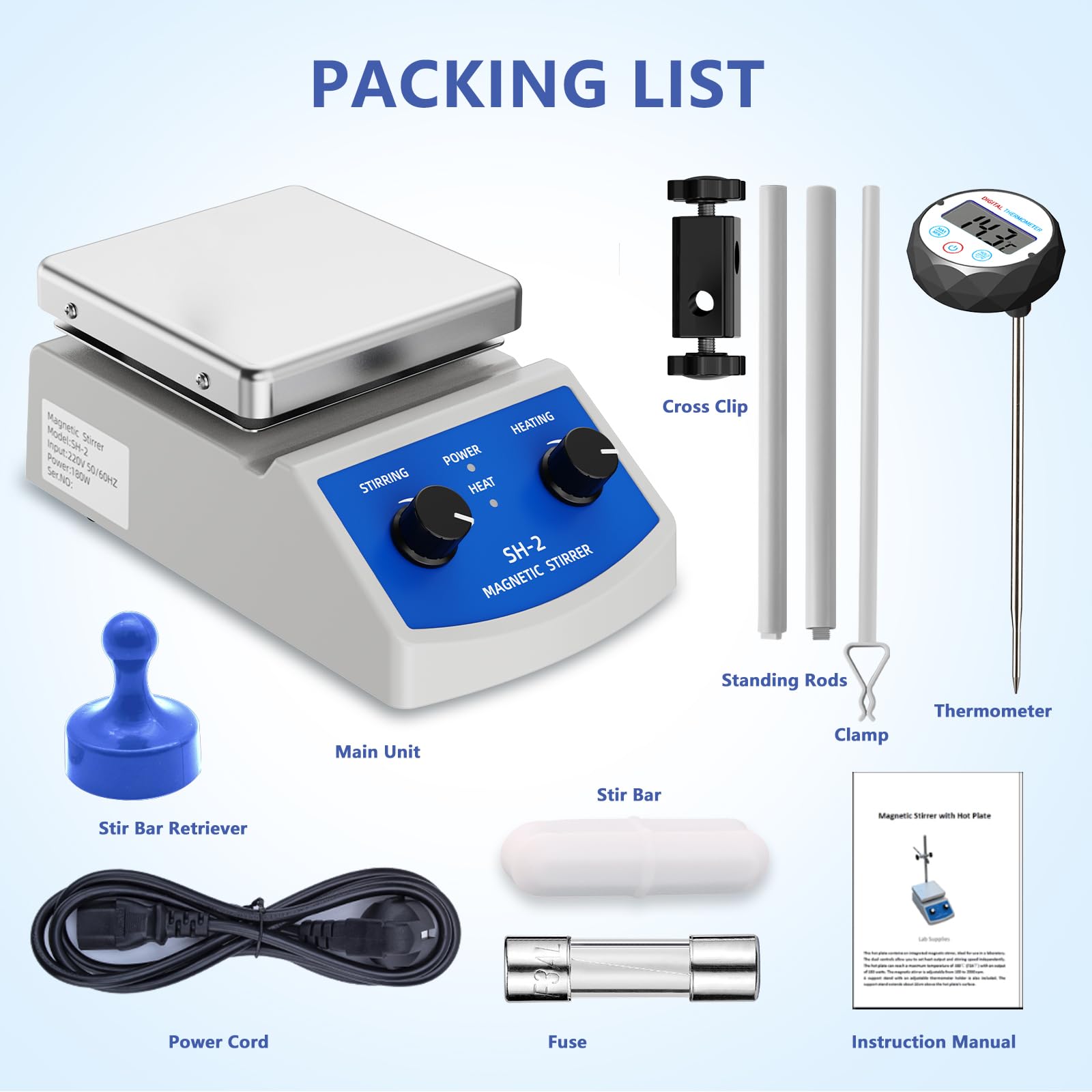 Magnetic Stirrer Hot Plate w/Thermometer, Magnetic Stir Plate w/Stir Bar Retriever, Max.520℉ Hot Plate Stirrer, 100~2000RPM Magnetic Hotplate Stirrer w/Stir Bar n Support Stand