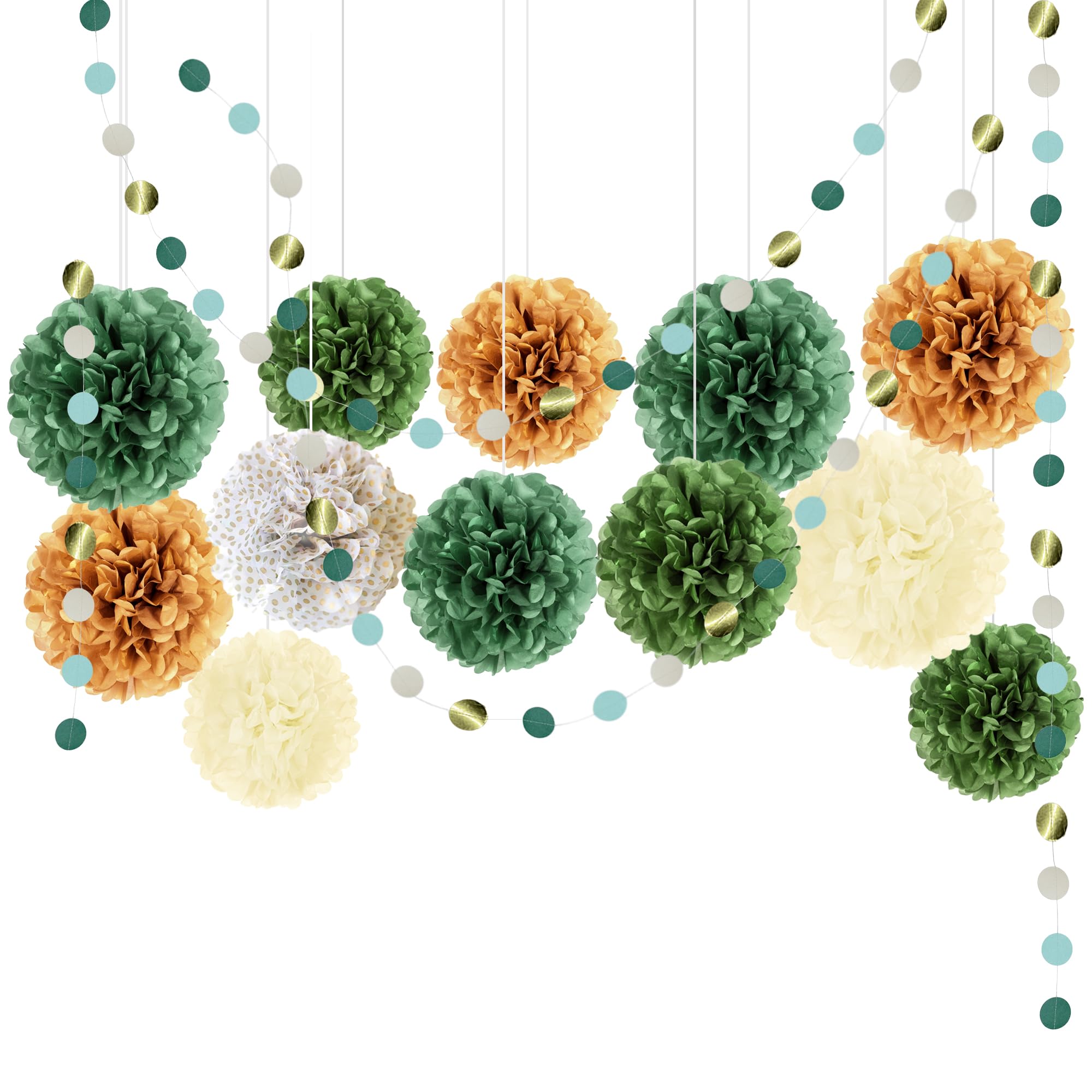 MEIYKO 15PCS Sage Green Tissue Paper Pom Poms with Paper Garland String Hanging Backdrop for Jungle Safari Woodland Baby Shower, Bridal Shower, Wedding Shower, Engagement, Birthday Party Decorations