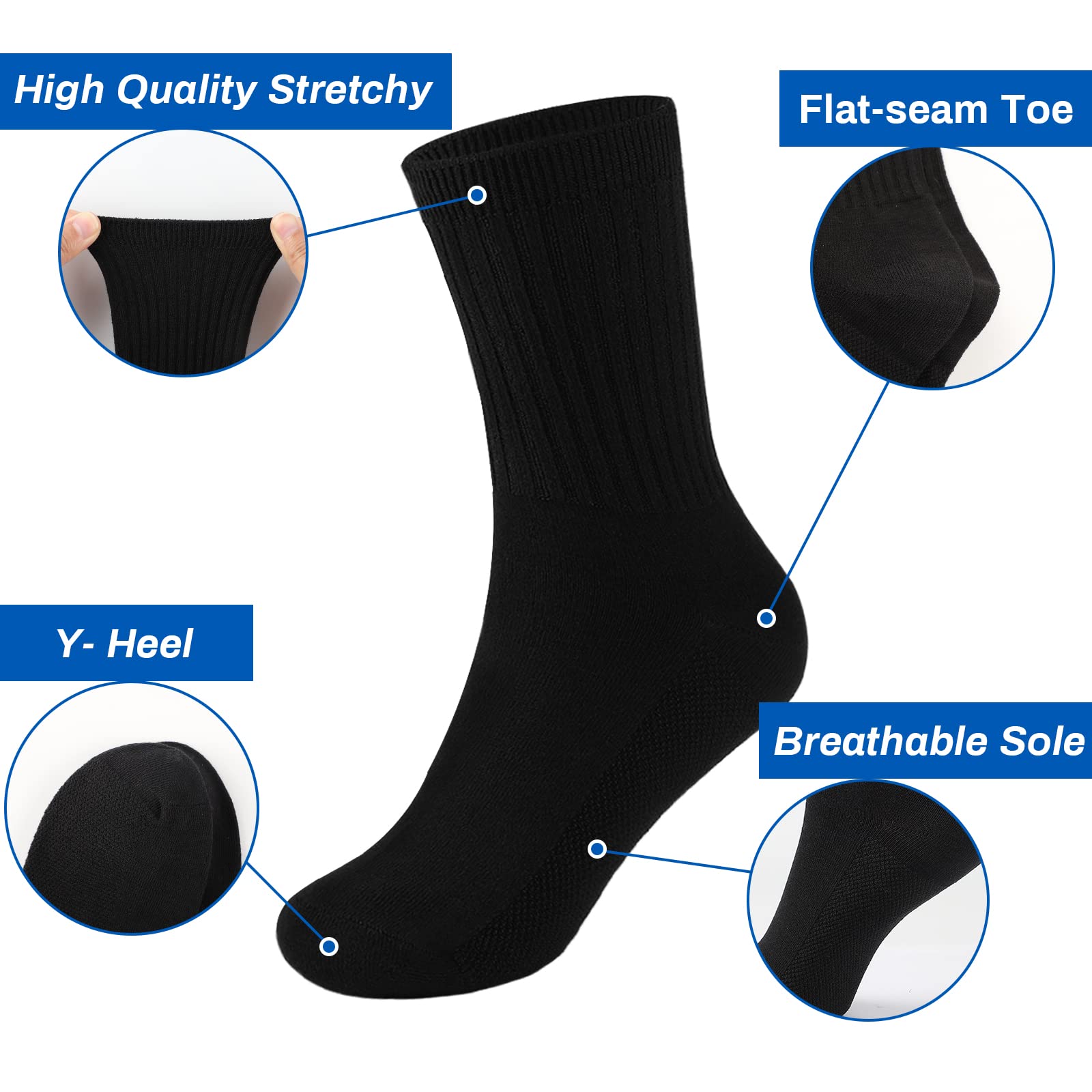 Auranso Boys Crew Socks 6 Pairs Kids Girls Cushion Athletic Ankle Socks Black 7-10 Years
