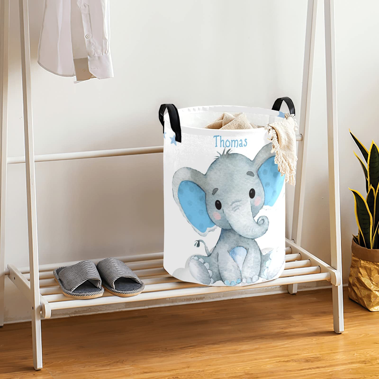 Blue Elephant Clouds Personalized Laundry Hamper,Custom Name Collapsible Waterproof Laundry Basket Storage Bins with Handle for Clothes,Toy,Nursery