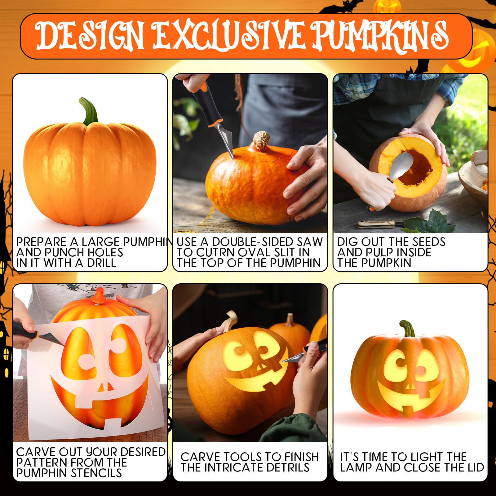 Blosssound 12 Sets Halloween Pumpkin Carving Kit Includes Professional Heavy Duty Carving Tools DIY Stencil Sheets Pumpkin Buckets Table Cover Hammers for Halloween Door Decorations Family Party