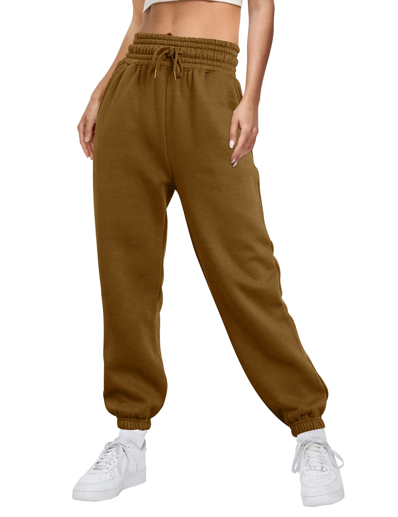AUTOMET Women’s 2023 Fall High Waisted Sweatpants Baggy Fleece Lined Lounge Pants Petite Wide Leg Drawstring Brown Joggers