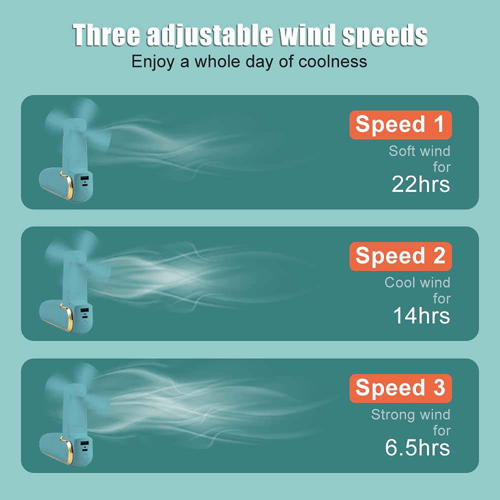 ideapro Pocket Handheld Fan Mini Portable Fan with Lanyard, 2000 mAh USB Rechargeable Mini Fan, Batteries Operated Handheld Fan with 3 Speeds Power Bank Flashlight Function for Home Outdoor Travel