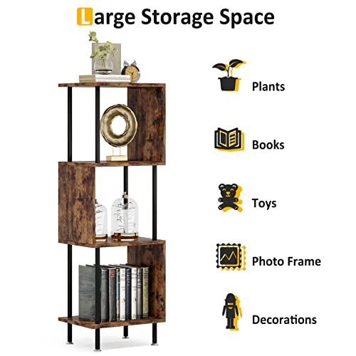 Book Shelf Bookcase, Modern Small Bookshelf for Small Spaces, S-Shaped Wooden Bookshelf Corner Bookshelf for Living Room Bedroom Home Office, Rustic Bookshelves and Bookcases Storage Organizer, 4-Tier