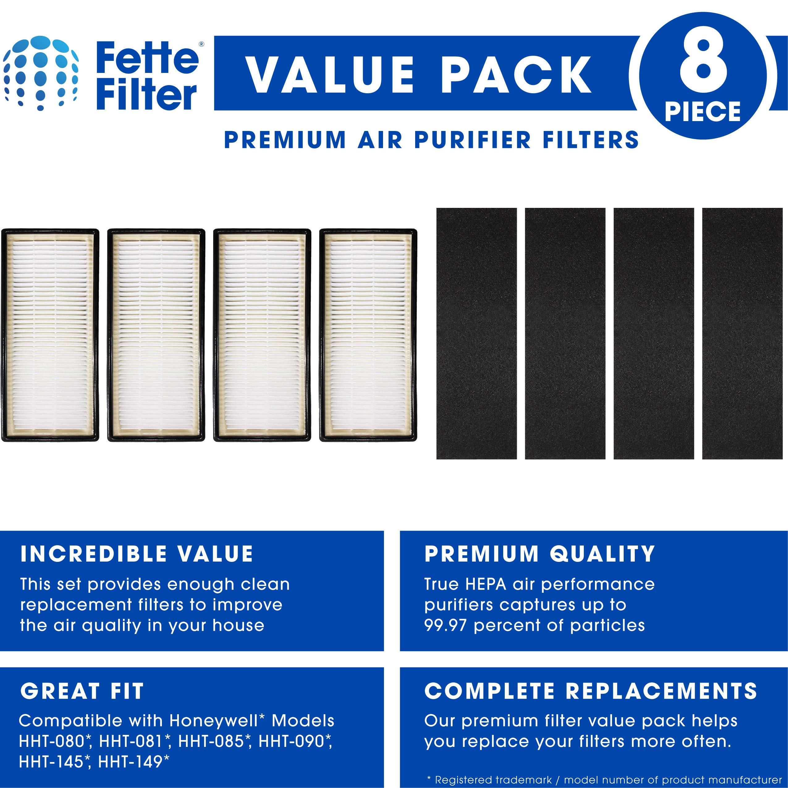 Fette Filter - Air Purifier Filter Compatible with Honeywell HEPAClean Air Purifier Replacement Filter C Pack of 4 HEPA + 4 Pre-Filters for Models HHT-080, HHT-081, HHT-085, HHT-090, HHT-145, HHT-149