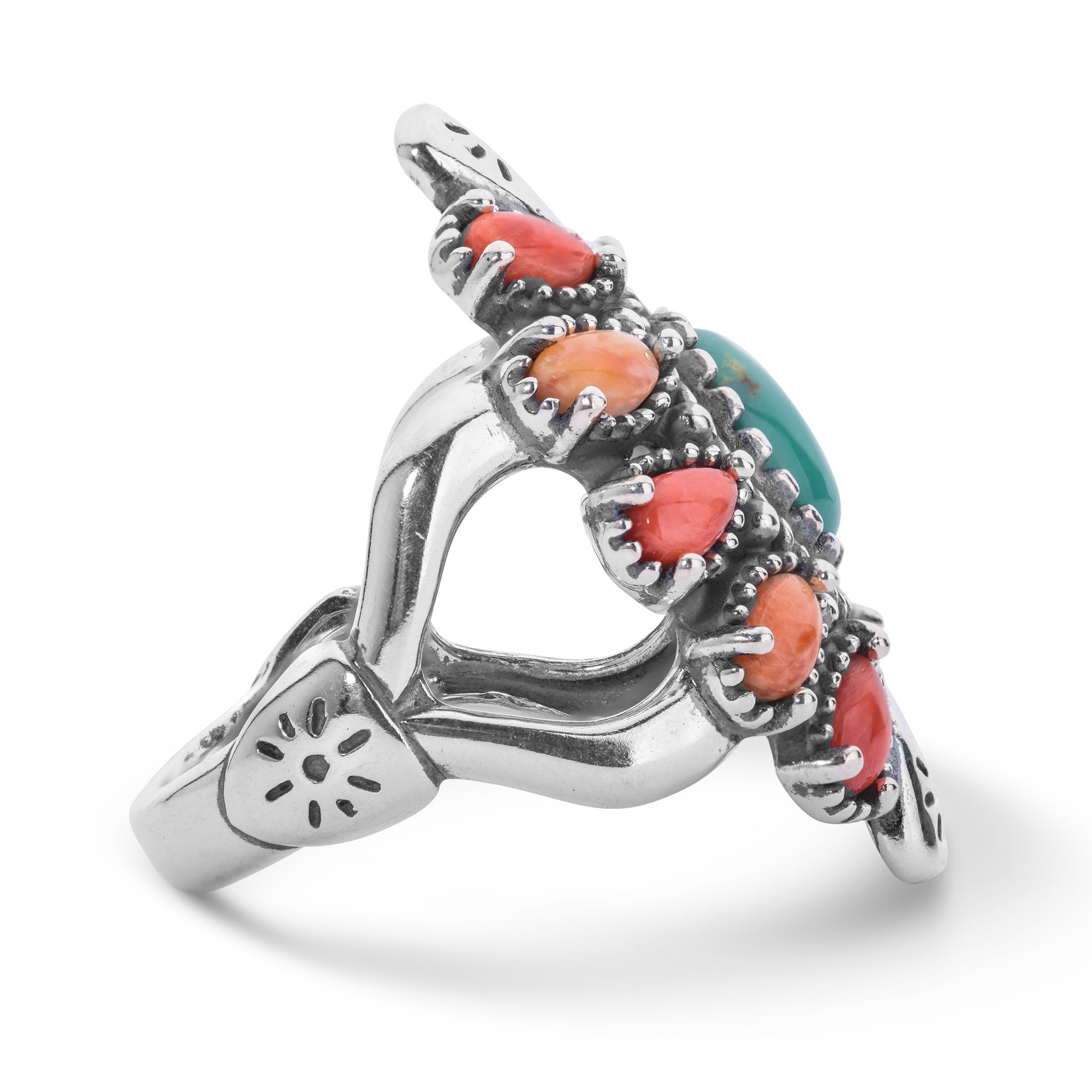 American West Sterling Silver Green Turquoise, Red and Orange Spiny Oyster Gemstone Cluster Ring Size 7