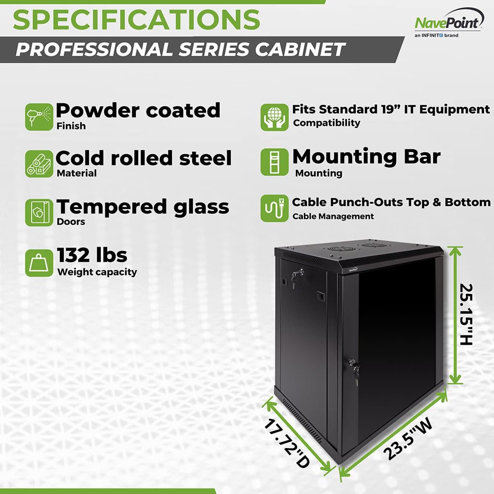 NavePoint 12U Server Rack Enclosure - 17.7โ Deep, 12U Wall Mount Network Cabinet with Locking Glass Door for 19โ IT Equipment, 12U Network Rack with 2 Fans, Removable Side Panels, Black