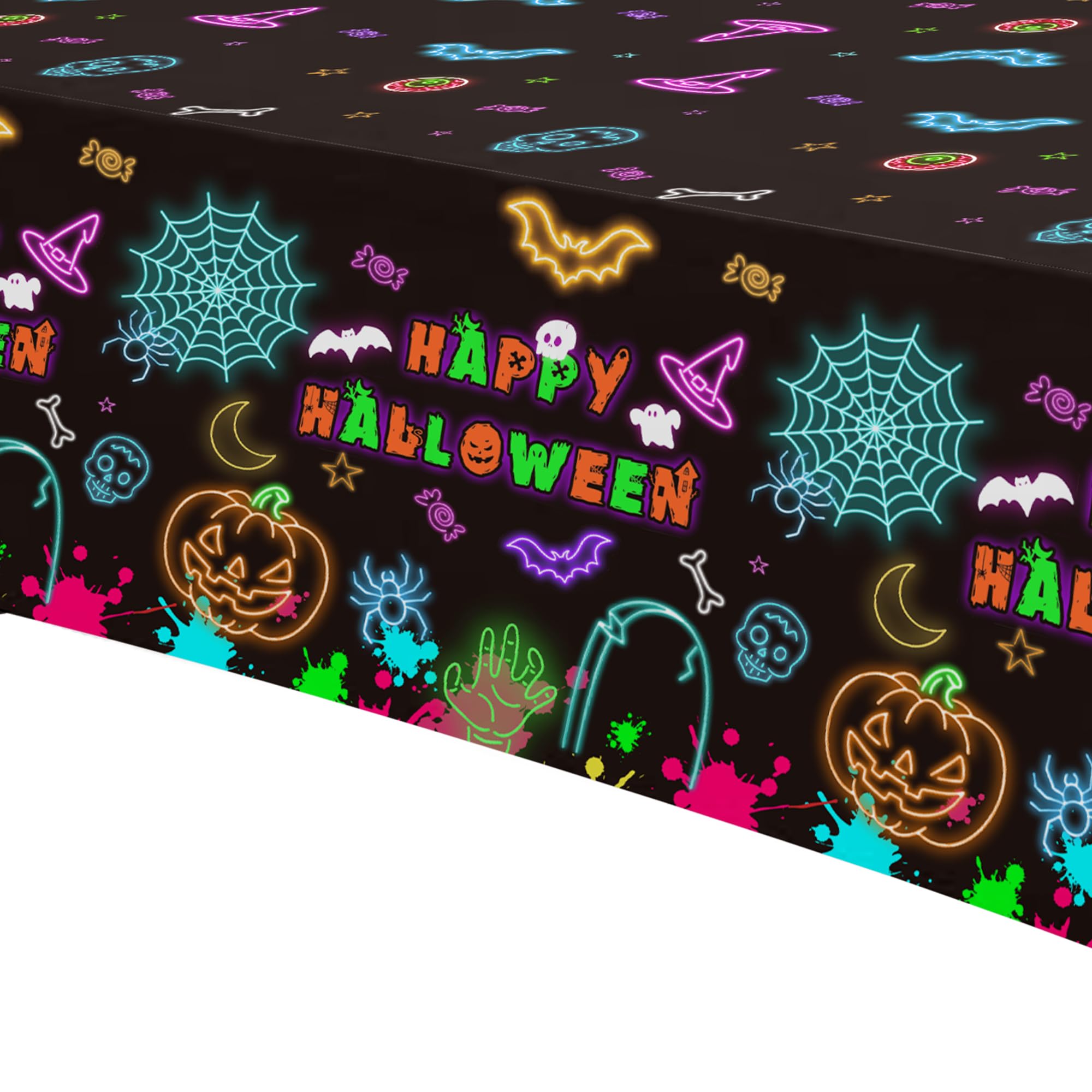 Aribra Neon Halloween Decorations Tablecloths, Glow Happy Halloween Party Supplies Table Covers, Disposable Neon Spooky Halloween Birthday Party Decorations Table Cloth, 3 Pack (108 x 54 Inch)