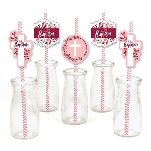 Baptism Pink Elegant Cross - Paper Straw Decor - Girl Religious Party Striped Decorative Straws - Set of 24