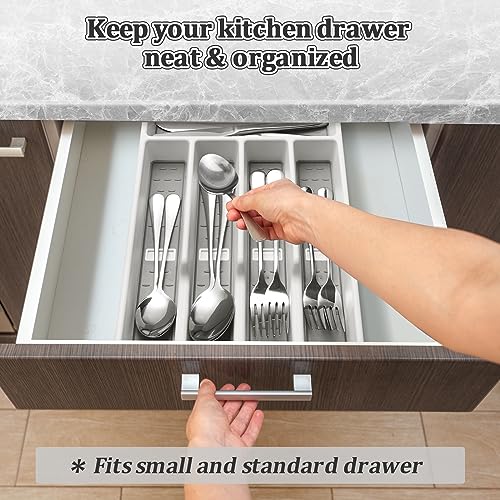 CherHome Silverware Organizer with Cutlery Icons,Silverware Tray for Kitchen Drawer,Plastic Flatware Tableware Silverware Drawer Organizer Utensil Organizer with Non-slip TPR Linings,5-Compartment(Grey)