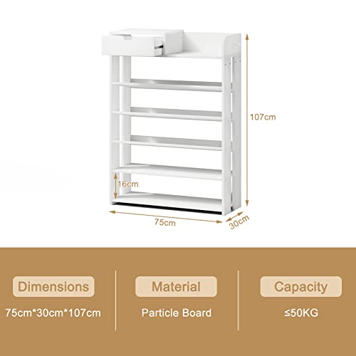 BURENMTO 5-Tier Wooden Storage Organizer, 29.5" Wide Vertical Shoe Rack for Closet Large Entryway Shoe Rack 15 Pairs Corner Tall Organizer Shoe Shelf with Drawer