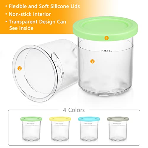 CTSZOOM Containers Replacement Ice Creami Pints and Lids, 16oz Containers Compatible with Ninja NC301 NC300 NC299AMZ Series Ice Cream Maker 4 Pack, BPA Free Dishwasher Safe Green/Grey/Blue/Yellow