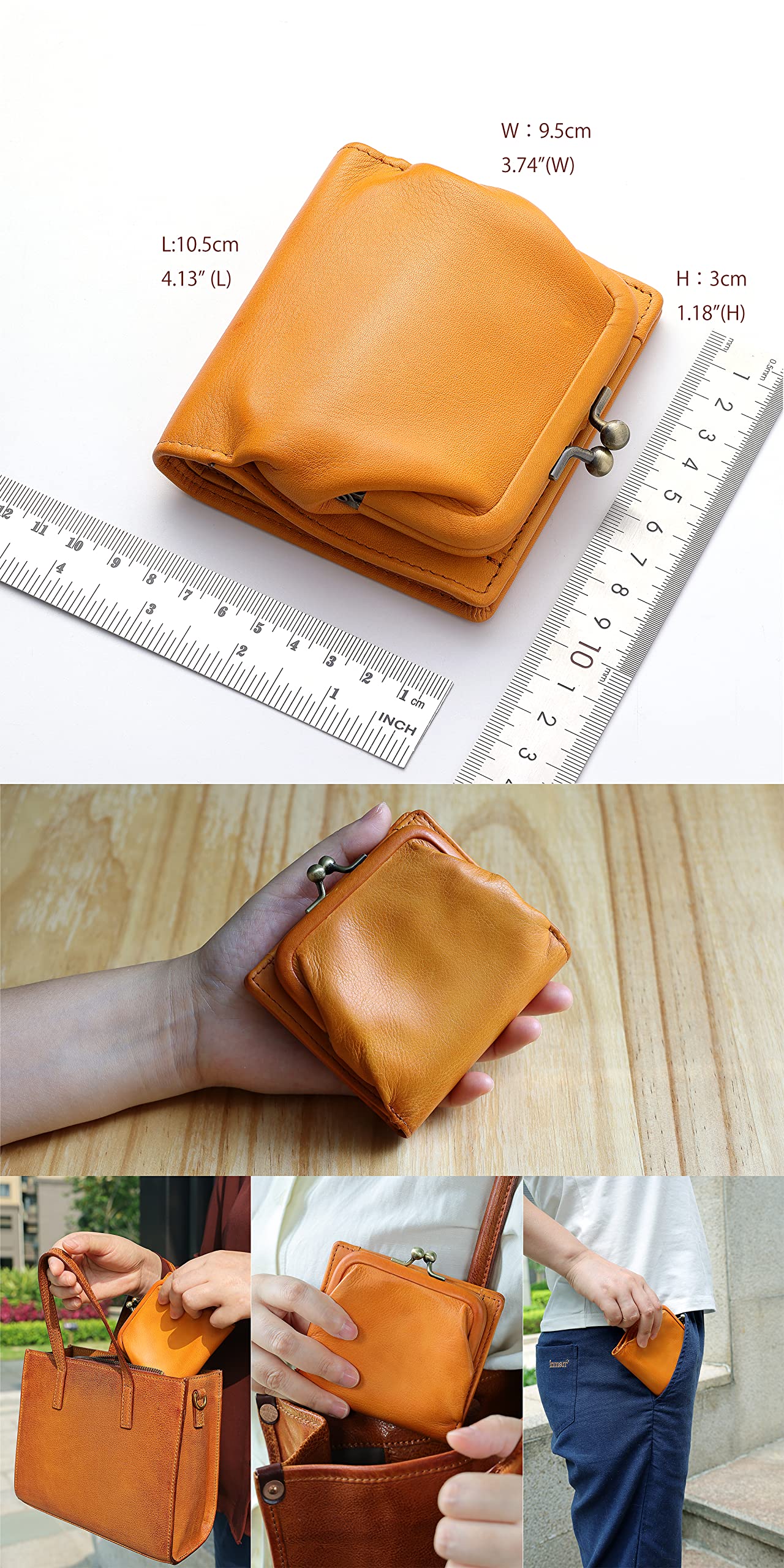 IJUN Full Grain Leather Bifold Small Wallet with Kiss Lock Coin pocket Genuine Leather Vintage Italian Oiled Vegetable Tanned Leather