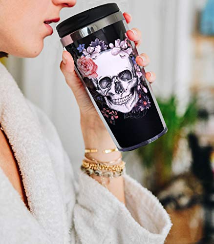 CUAJH Skull Flower Travel Coffee Mug, Personalized Coffee Tumbler with Wrap and Lid, Stainless Lined for Women Men, 14 OZ