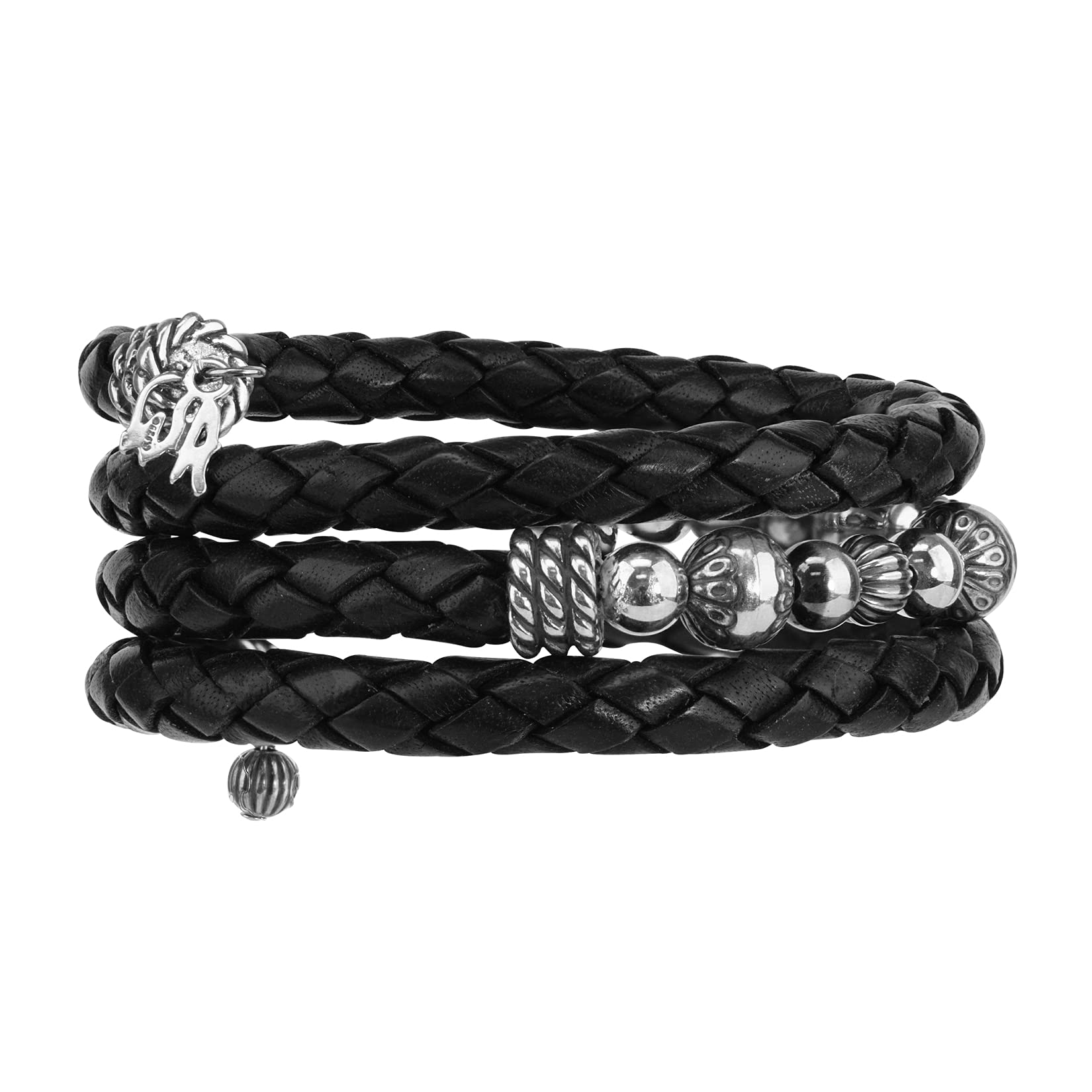 American West Sterling Silver Wrap Bracelet For Men & Women Silver Beaded Black Braided Leather One Size Fits Most