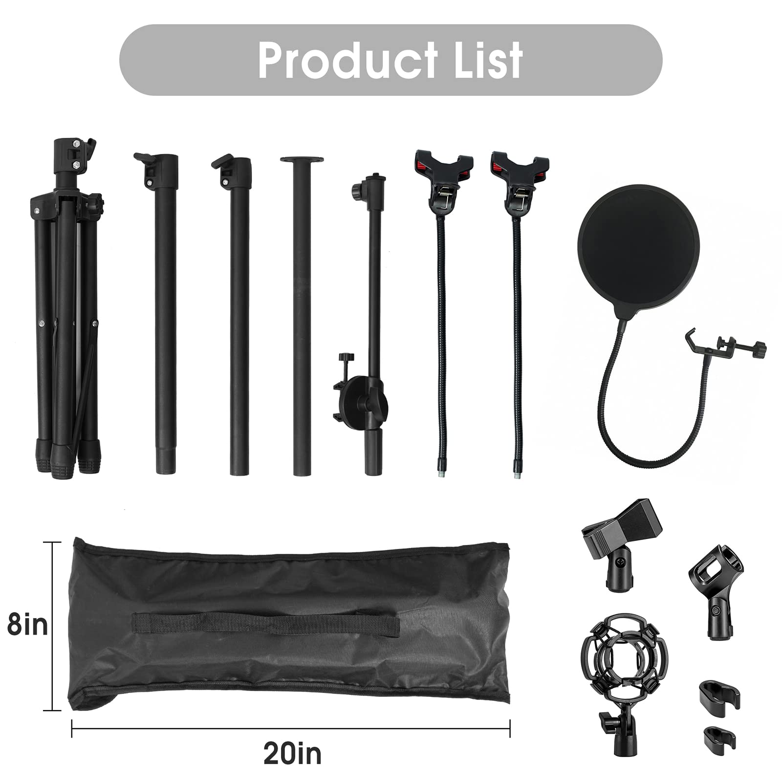 Autex Tripod Mic Stand, Microphone Stand with 2 Gooseneck Phone Holders, Boom Mic Stand with Mic Shock Mount, Pop Filter and Carrying Bag, Dual-use Mic Stands for Podcast, Radio and Live Stream