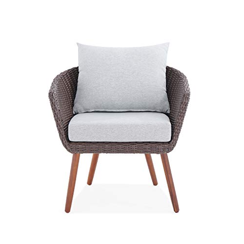 Bolton Furniture Athens All-Weather Wicker Outdoor Conversation 35" L Coffee Table, Set Chairs and Two-Seat Bench, Grey