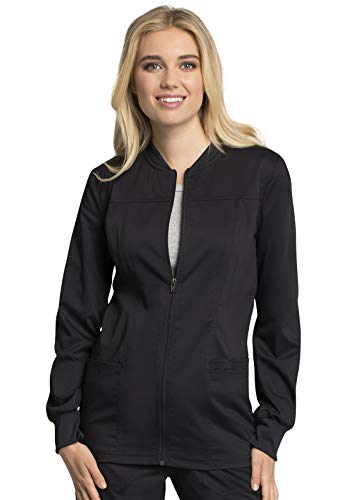 Cherokee Women Warm Up Scrubs Jacket Modern Classic Fit with Zip Front WW305AB, S, Black