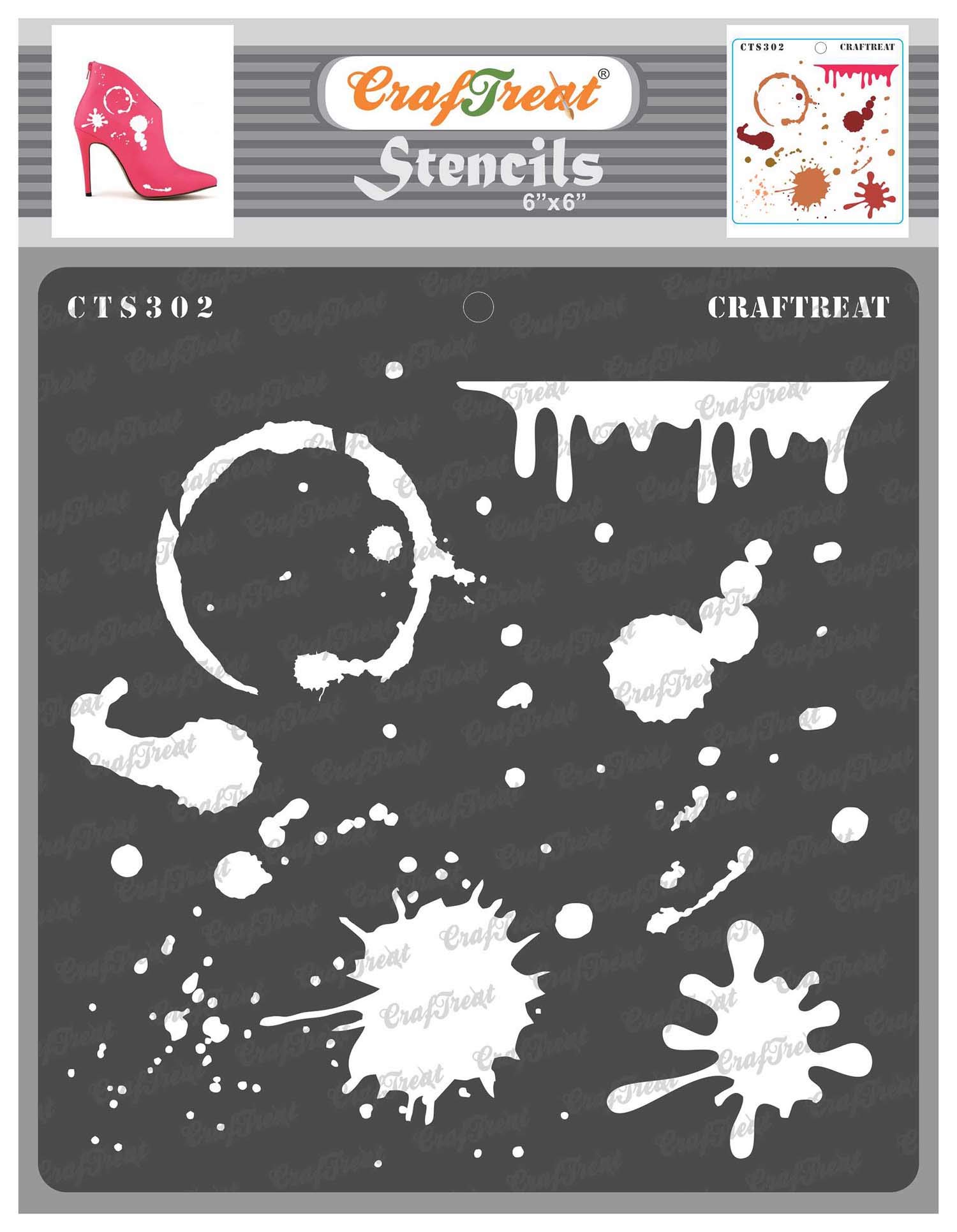 CrafTreat Reusable Stain and Splatter Stencils for Painting on Wood, Canvas, Paper, Fabric, Floor, Wall and Tile - Stains and Splatters - 6x6 Inches - DIY Art and Craft Stencils - Splatter Stencil