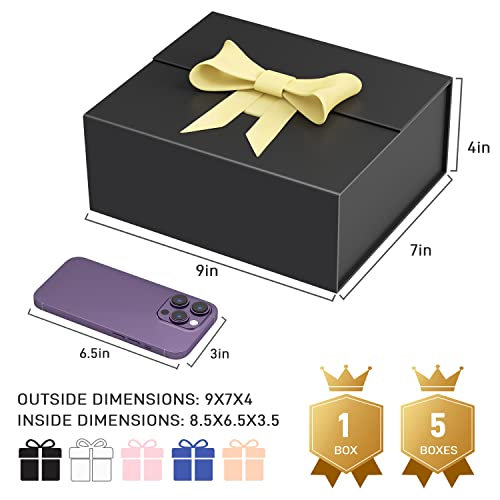 Black Gift Box with Lid, 9x7x4'' Gift Boxes for Presents with Ribbon and Greeting Card Magnetic Closure, Groomsman Proposal Box for Wedding,Birthday,Anniversary,Christmas Gift Luxury Wrap