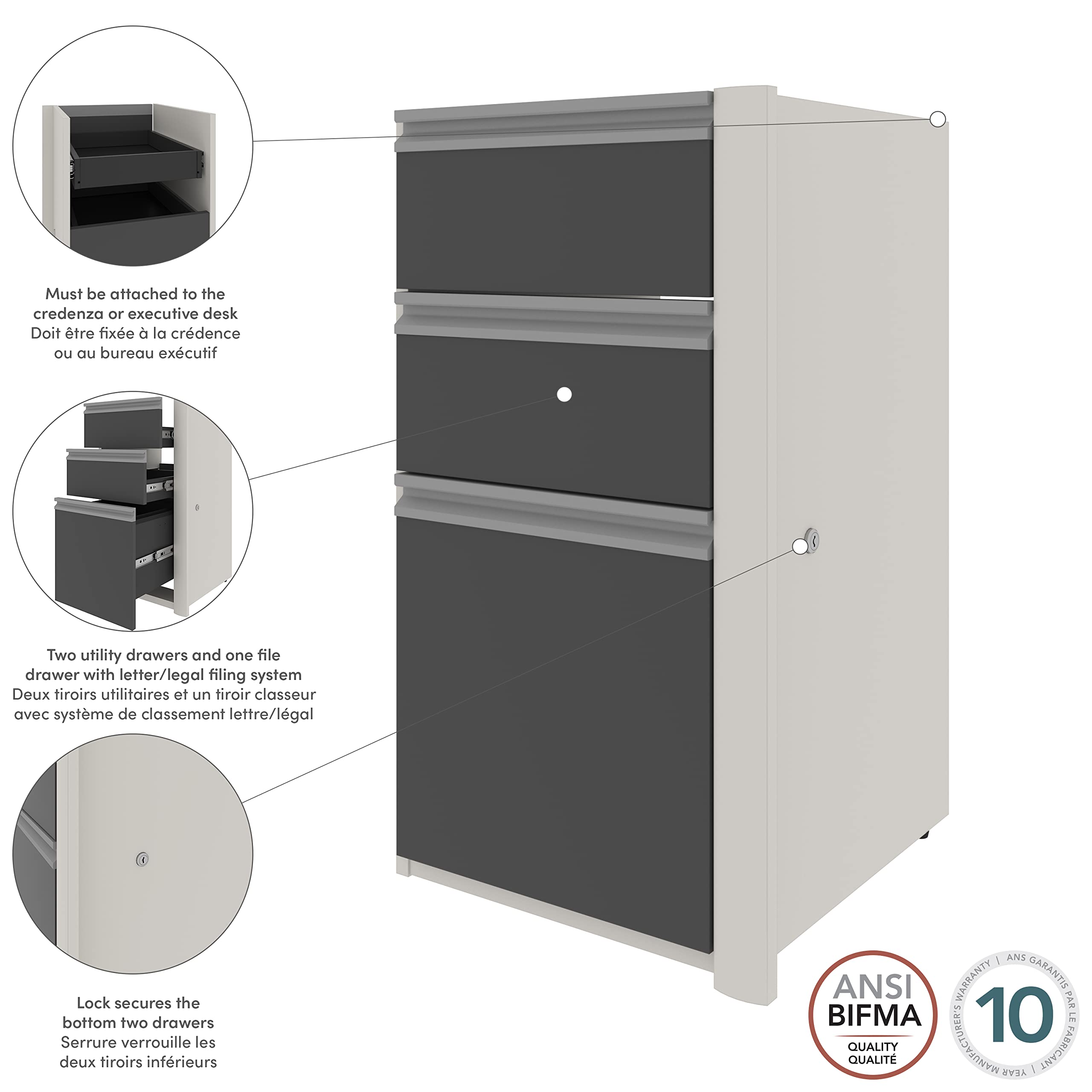 Bestar Connexion 16W Add-On 3 Drawer Pedestal in slate & sandstone