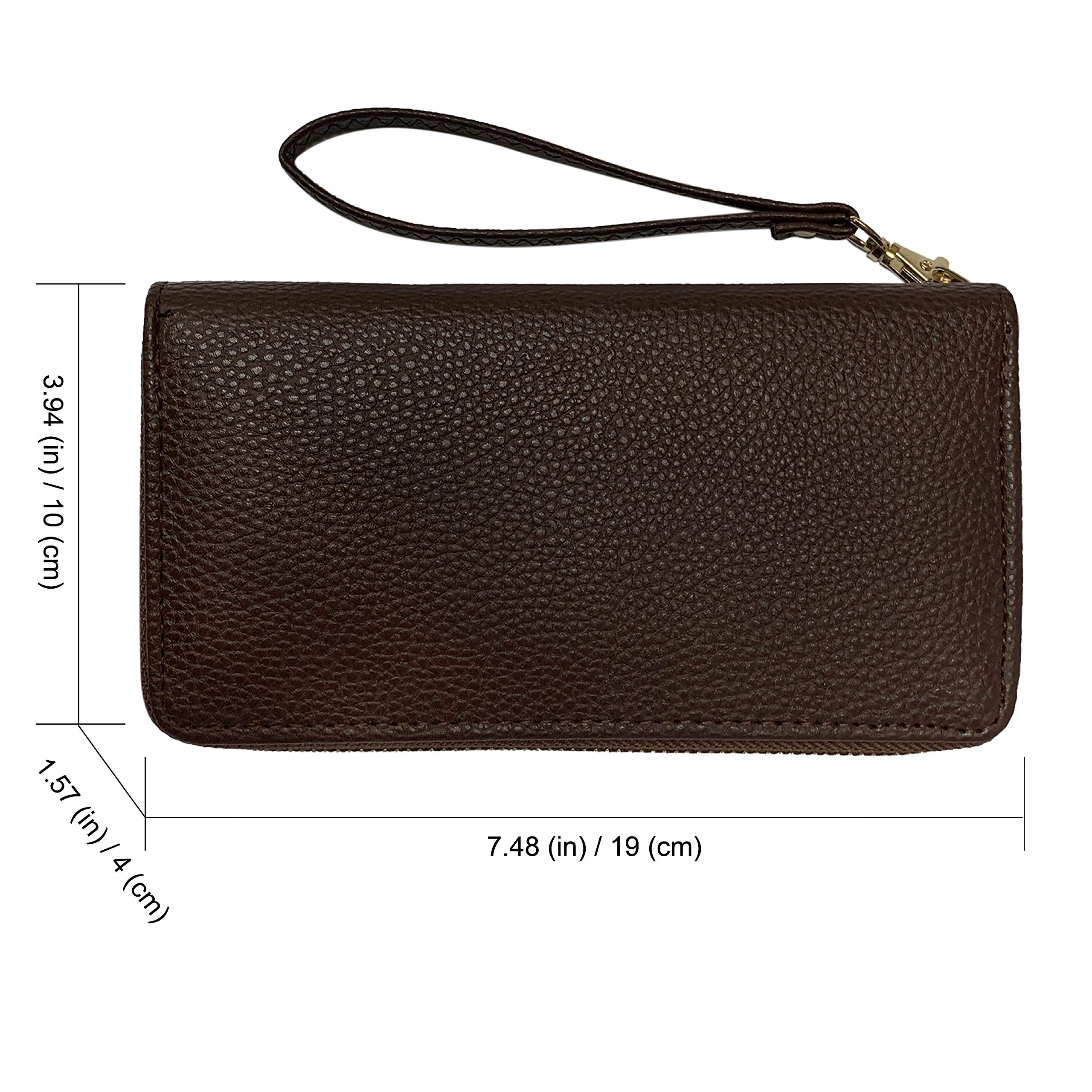 Double Zipper Wristlet Wallet Long Zip Around Clutch Travel Purse for for Cards, Cash, Checkbook, Passport (Grain-Brown 01)