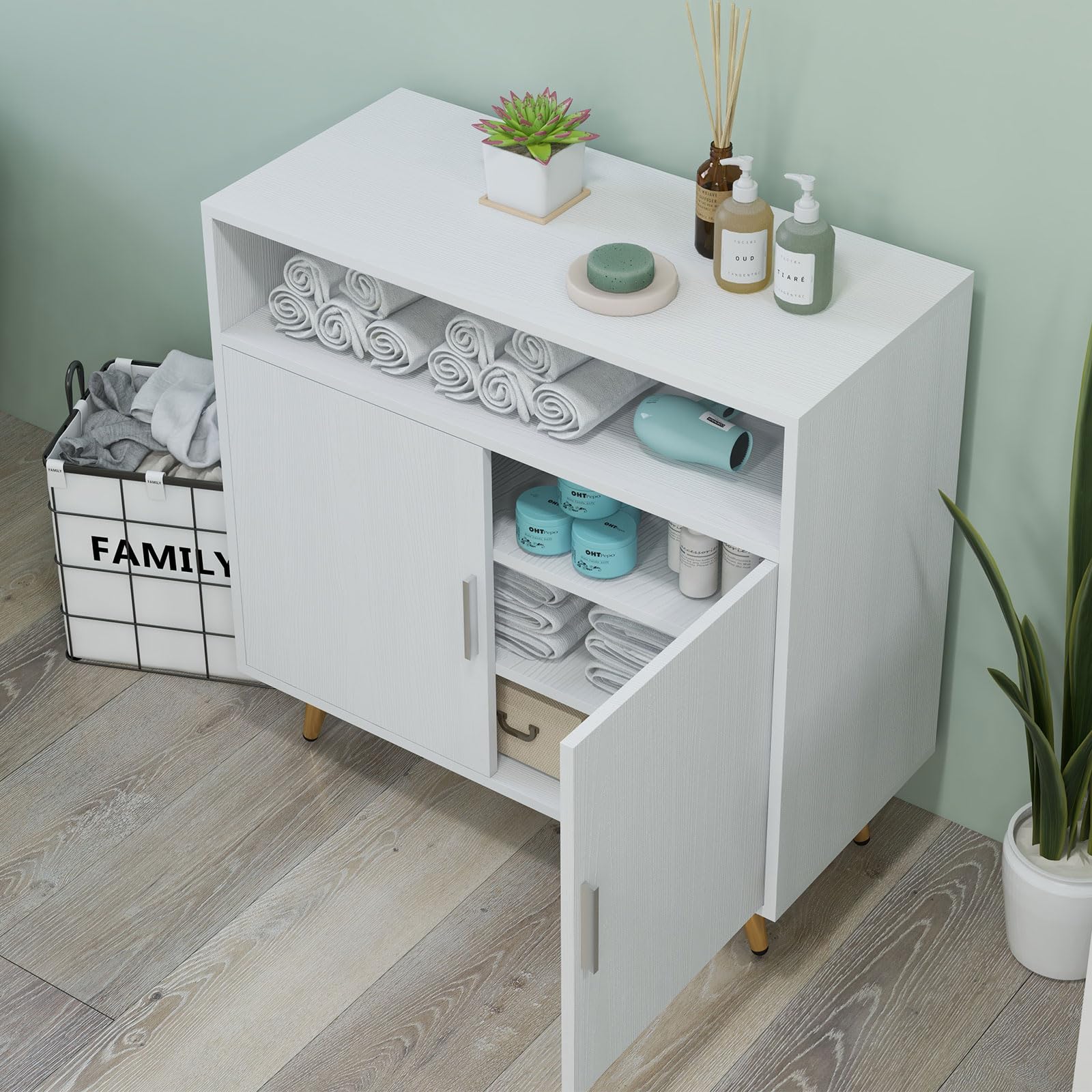 Bonzy Home 4-Tier Storage Cabinet with Sensor Light, Shoe Cabinet with Doors and Shelves for Hallway, Living Room, White