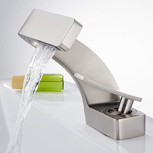 becola Bathroom Sink Waterfall Faucet,Solid Brass Single Handle Hot and Cold Water Mixer Tap, Lavatory Vanity Sink Faucet Including Two US Standard 3/8" Hoses(Brushed Nickel)