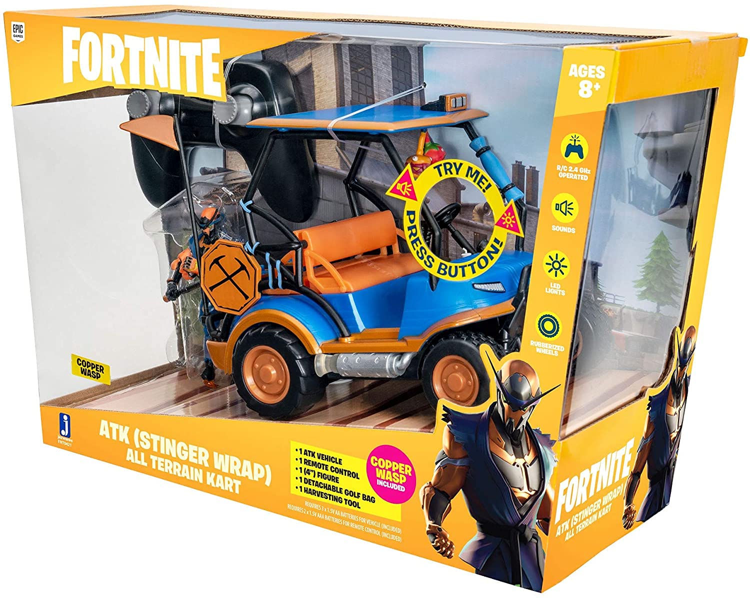 FORTNITE Stinger Wrap ATK Deluxe Feature Vehicle - 10 Inch All Terrain Vehicle (Stinger Wrapped) with Remote Control, Includes 4 Inch Copper Wasp Action Figure and 1 Power Punch Harvesting Tool