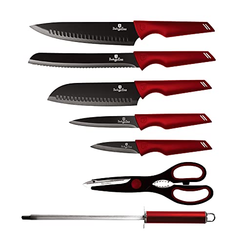 Berlinger Haus Kitchen Knife Set with Block, 8 Piece Knives Set for Kitchen, Cooking Knives with Kitchen Shears and Sharpener, Sharp Cutting Stainless Steel Chef Knife Set with Acrylic Stand, Red