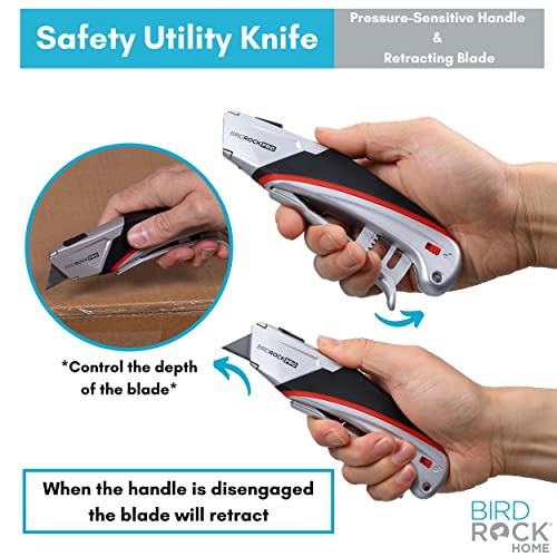 BIRDROCK HOME 1pk Professional Safety Utility Knife - Retractable - Heavy Duty Box Cutter - Safe Blade Lock - Extra Blades - Ergonomic Grip