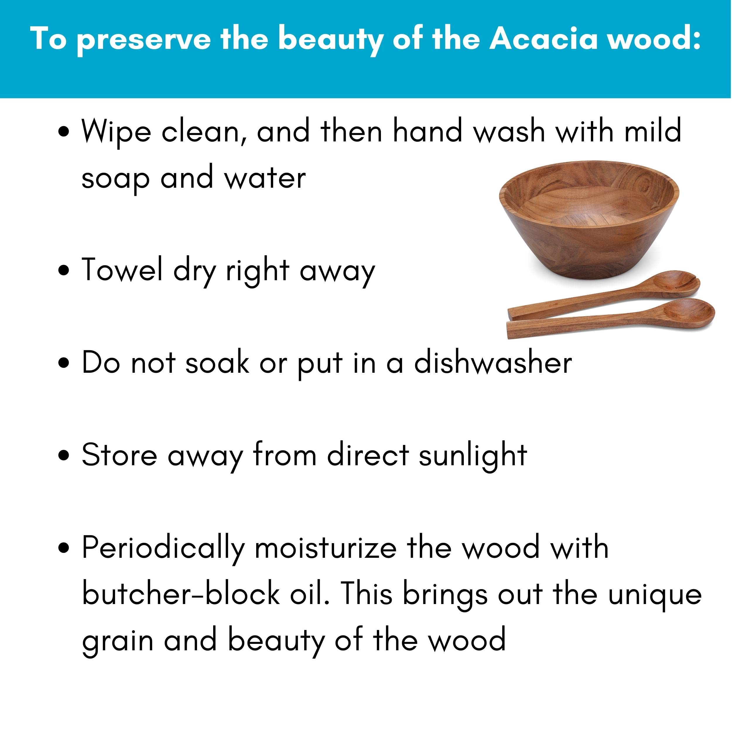 BIRDROCK HOME 3 Piece Wooden Salad Serving Bowl and Utensils | Acacia Wood Server Set | Salad, Fruit or Side Hands | Large