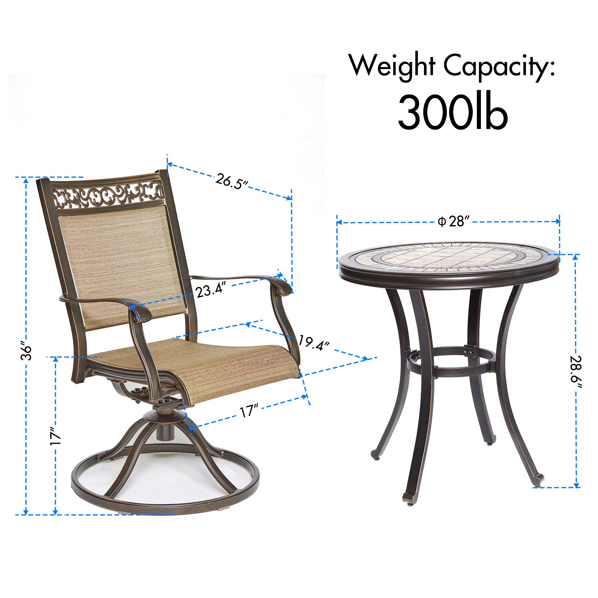 DALI 3 Piece Bistro Set, Handmade Contemporary Round Table Swivel Rocker Chairs Garden Backyard Outdoor Patio Furniture
