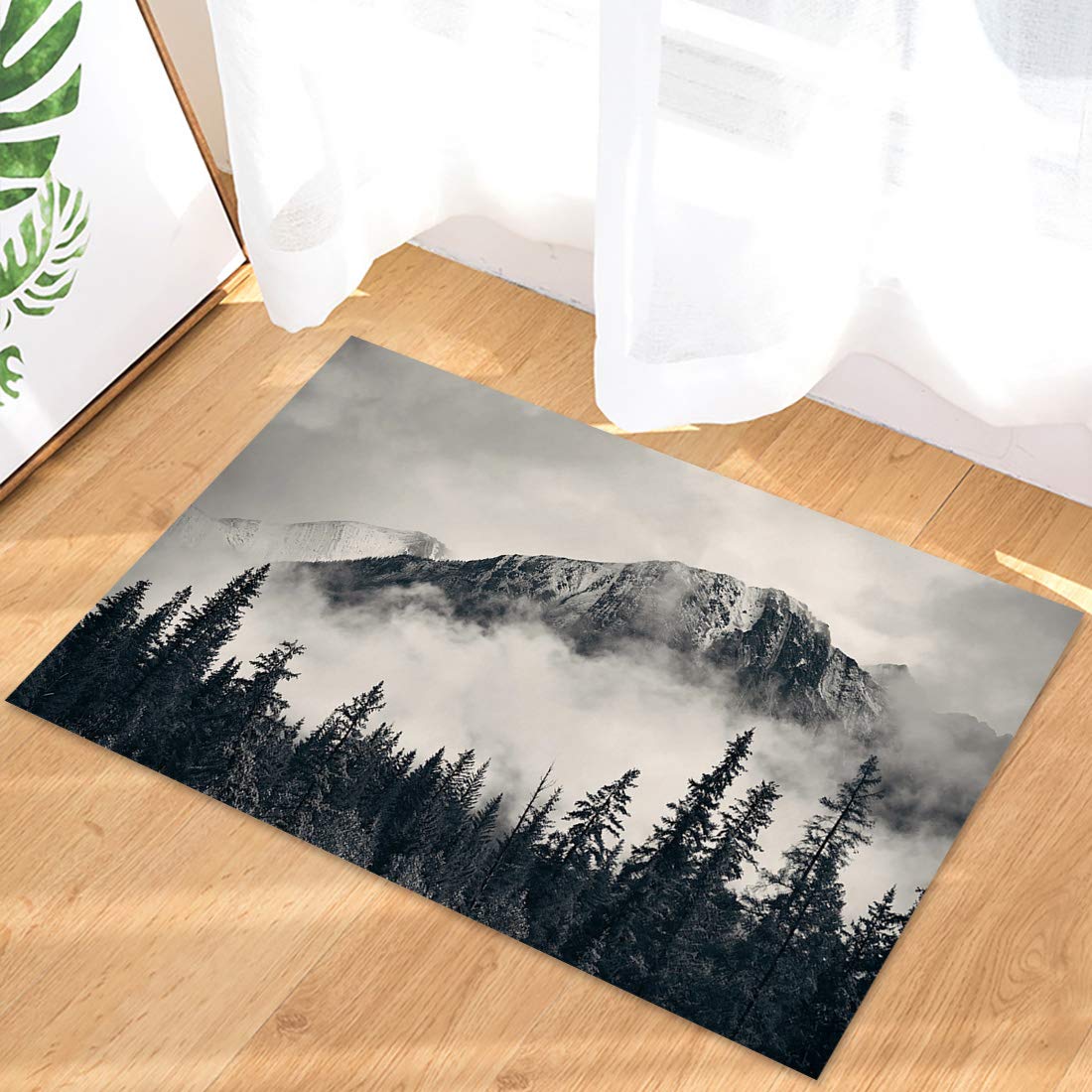 Indoor Doormat Front Door Mat Nature Winter Forest Landscape Mysterious Dreamy Mountain Smoky Non Slip Rubber Back Floor Mat Entrance Low-Profile Welcome Mat Outdoor Rug for Home Office Garden