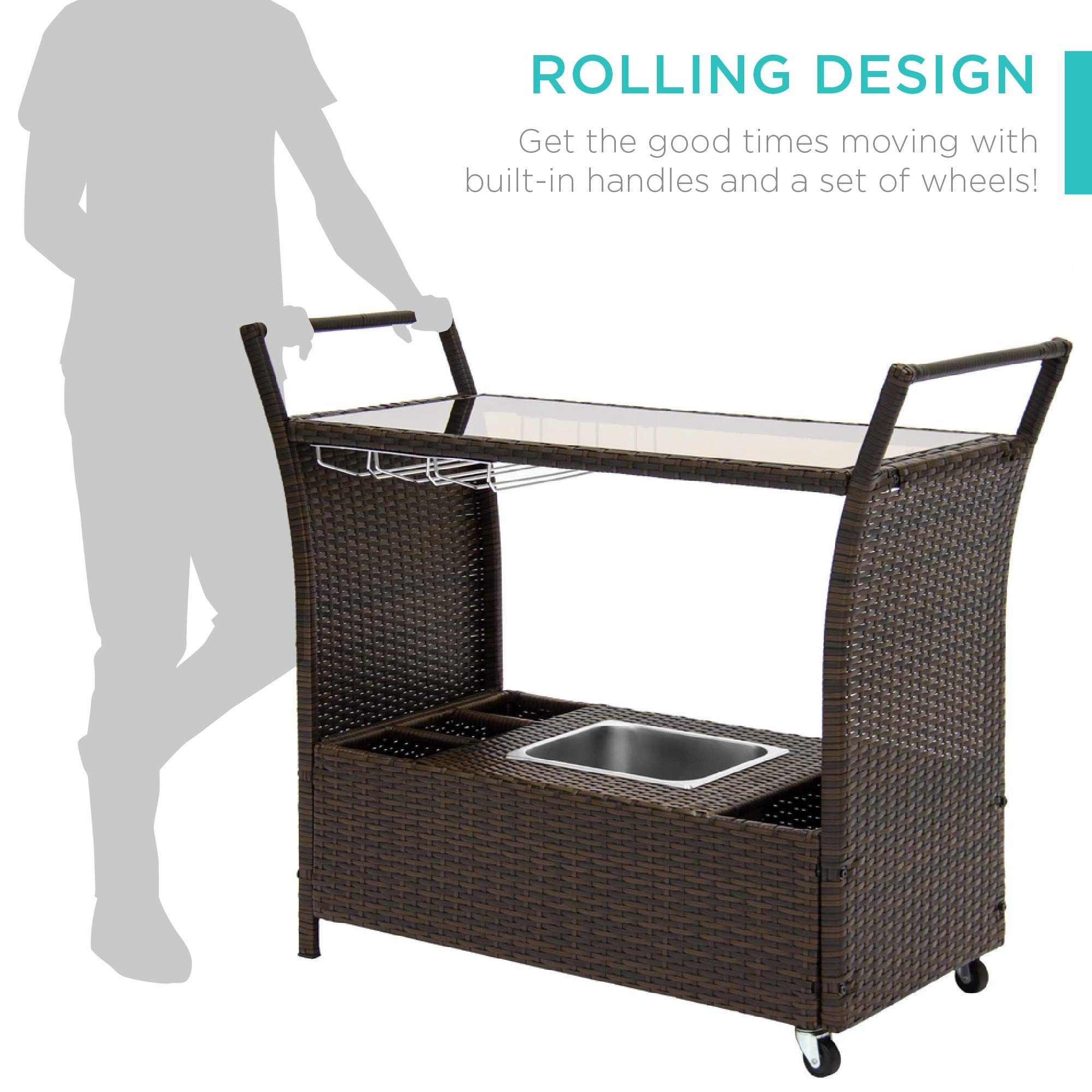 Best Choice Products Outdoor Rolling Wicker Bar Cart w/Removable Ice Bucket, Glass Countertop, Wine Glass Holders, Storage Compartments - Brown
