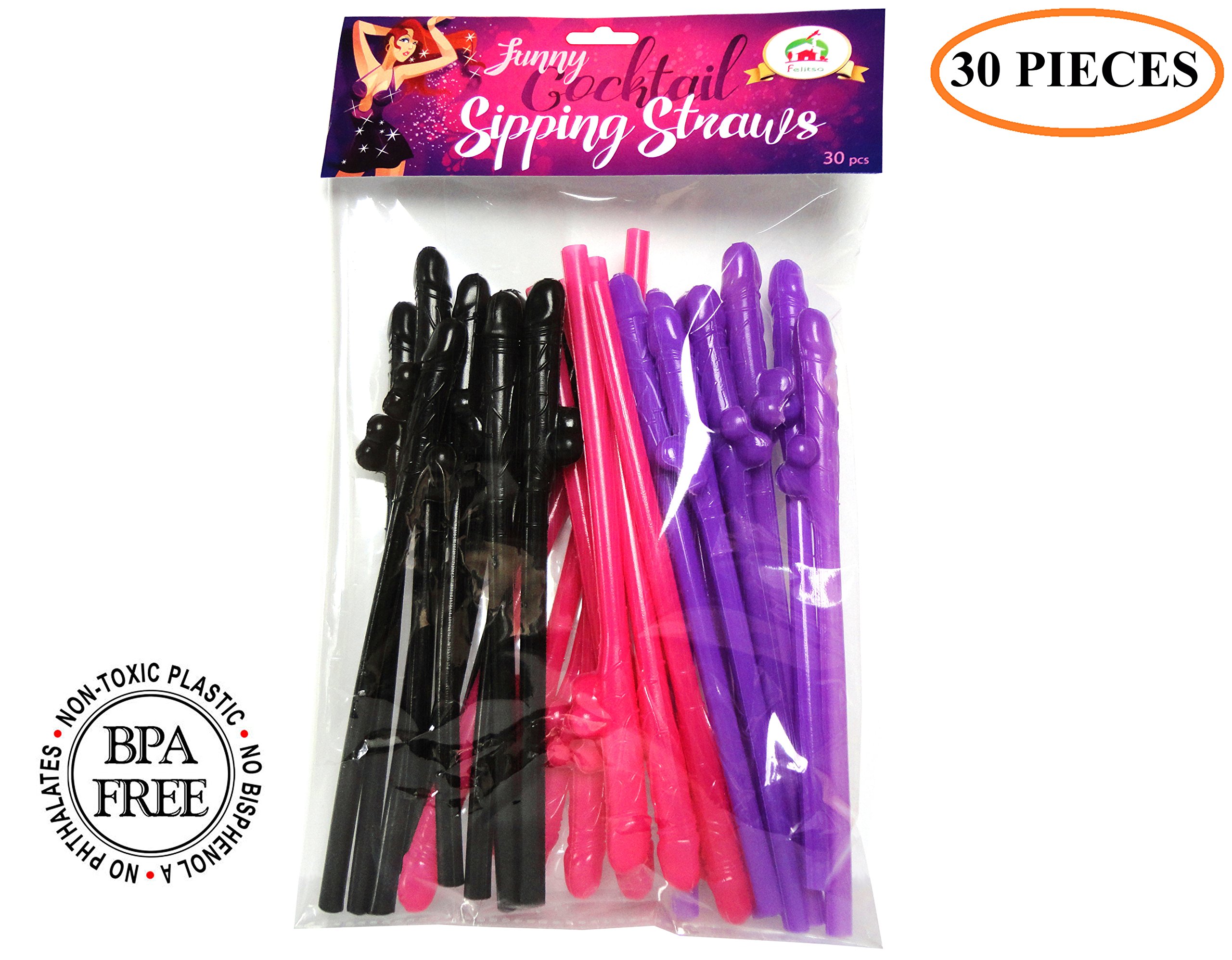 Bachelorette Party Penis Straws - Set of 30 pcs Pink, Black, Purple - Best Bride Shower Decoration