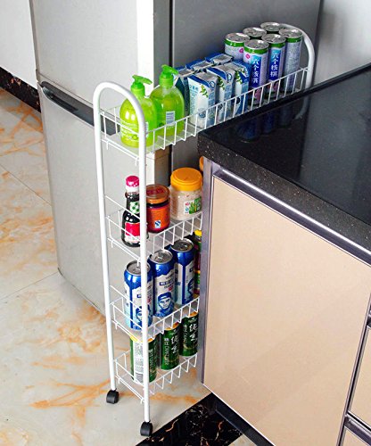 OKOKMALL US--Kitchen Storage Cart Slim Fridge Slide Tower Rack Shelf 4-Tiers with Wheels