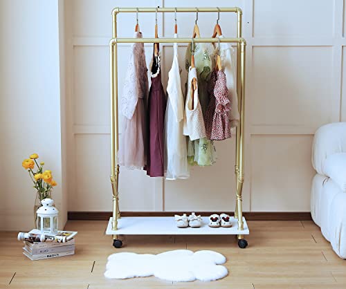 Child Clothes Rack, Kids Garment Rack Armoire Dress-up Closet, Rolling Pipe Open Clothing Rack with Wood Storage Shelf, Industrial Modern Kids Wardrobe Costume Organizer Center with 2 Hanging Rods
