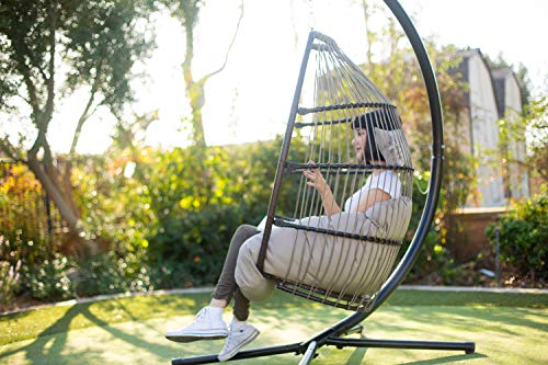 Barton Premium Egg Chair Egg Style Hanging Chair Beige w/Deep Cushion Soft Relaxing Luxury Outdoor Indoor Patio Bedroom Hanging Swinging